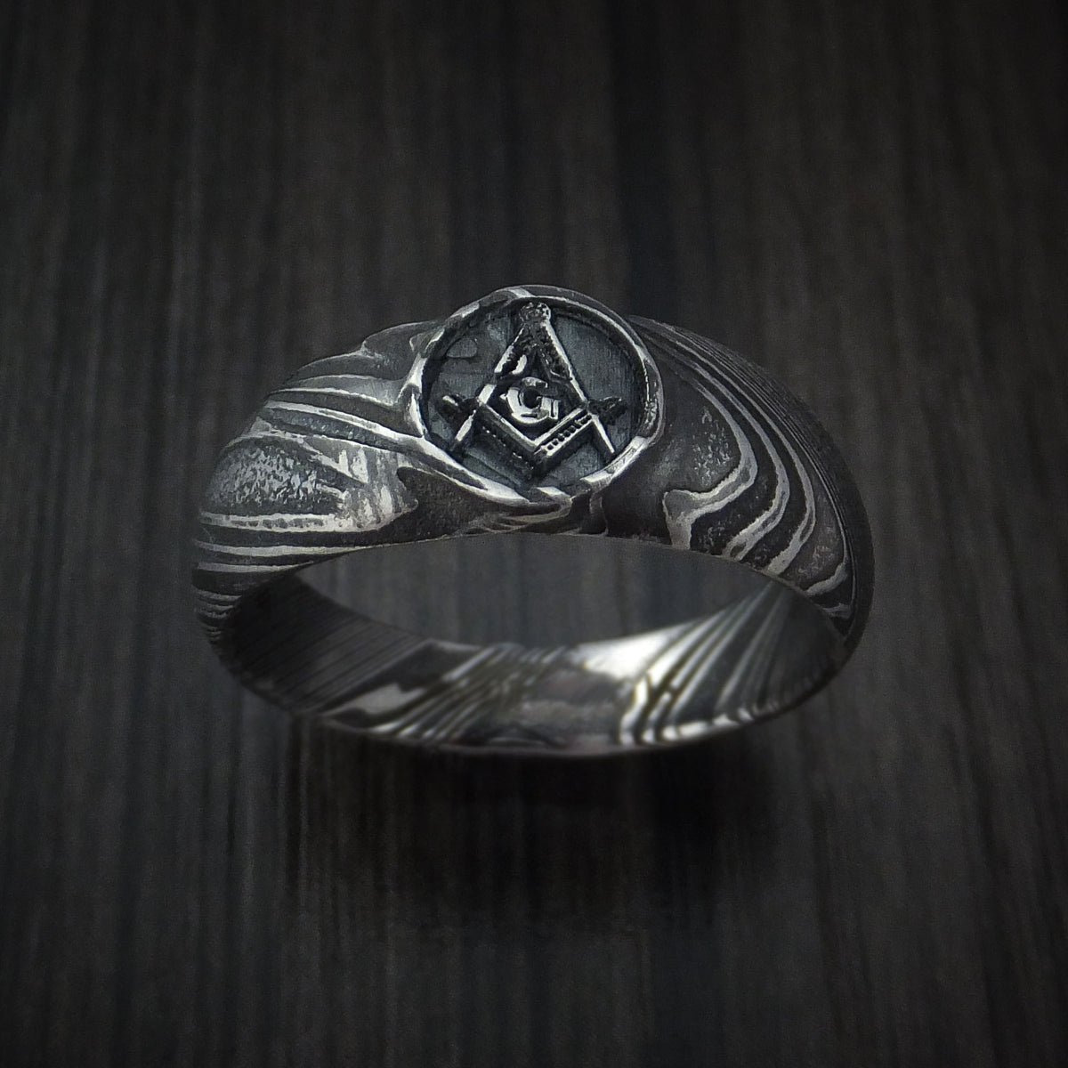 Kuro Damascus Steel Masonic Emblem Signet Men's Ring Custom Made Band ...