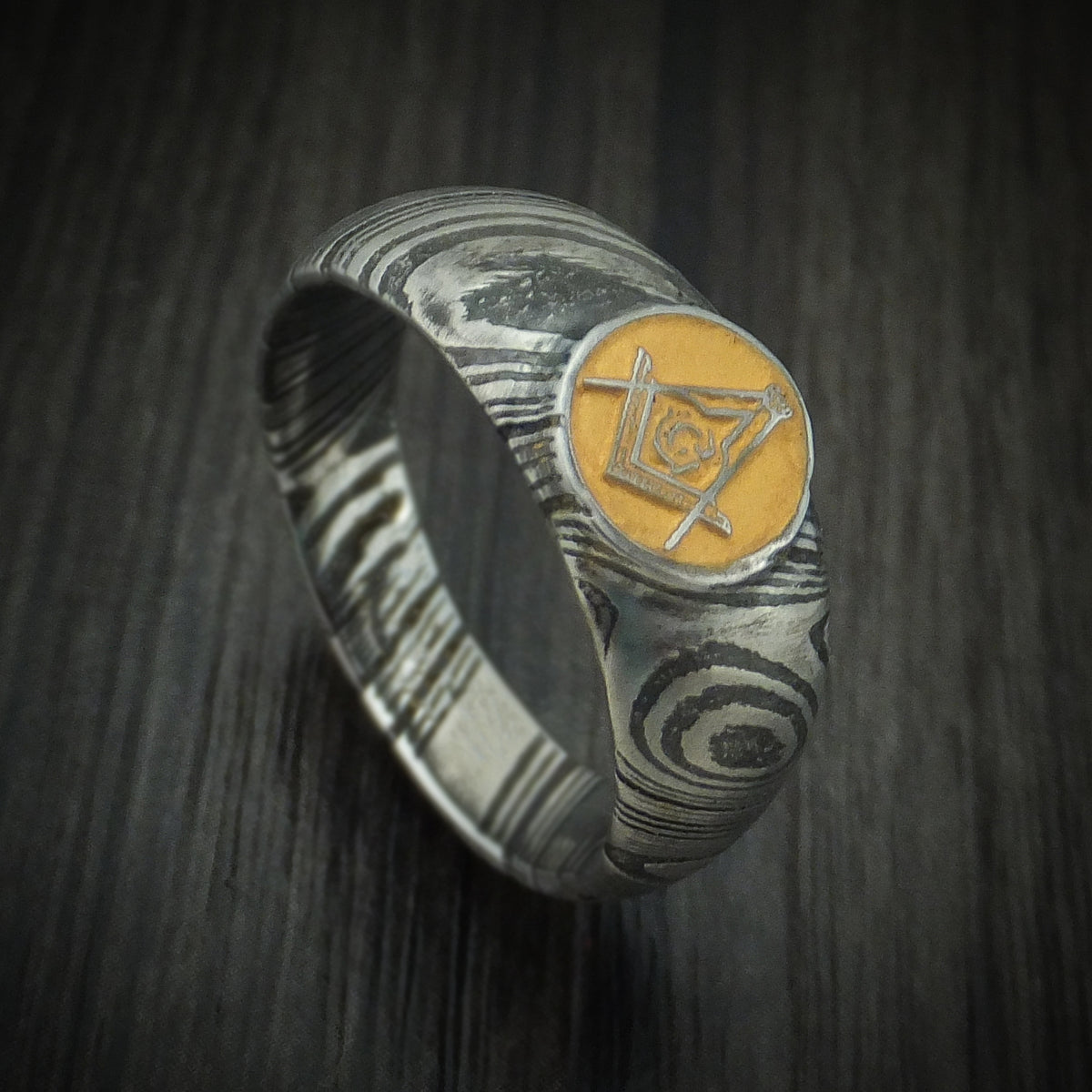 Kuro Damascus Steel Masonic Emblem Signet Men's Ring with Cerakote Cus ...