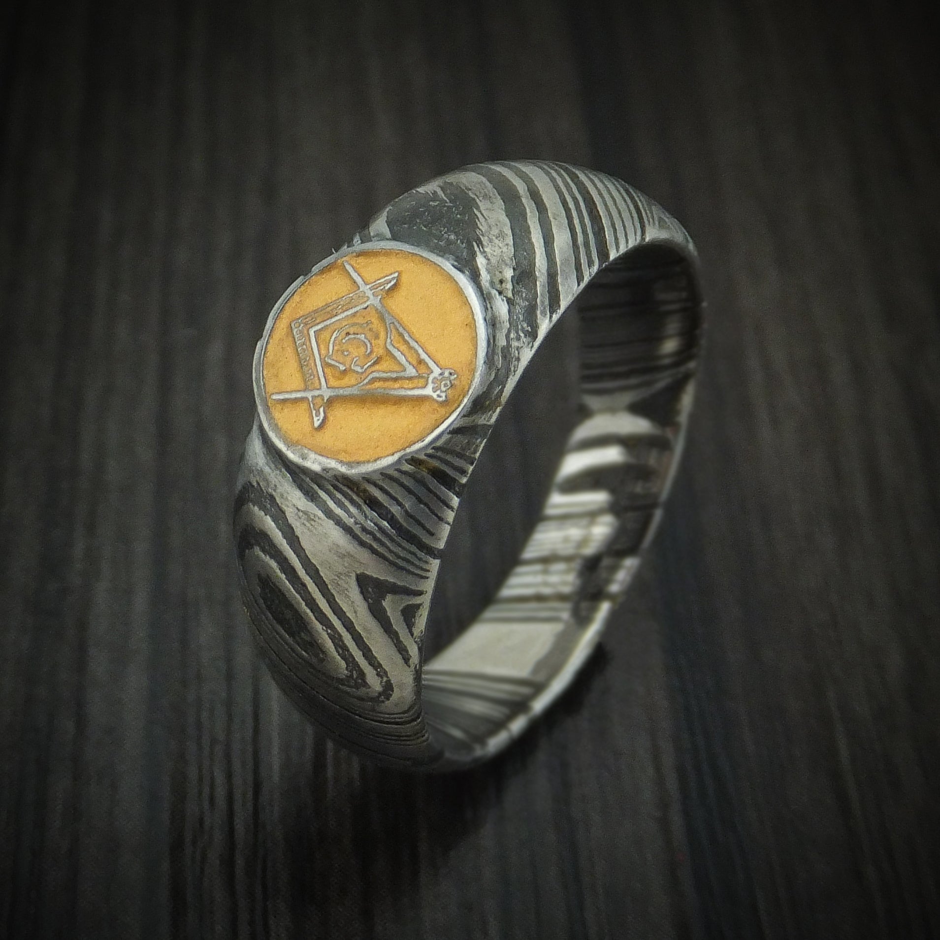 Kuro Damascus Steel Masonic Emblem Signet Men's Ring with Cerakote Cus ...
