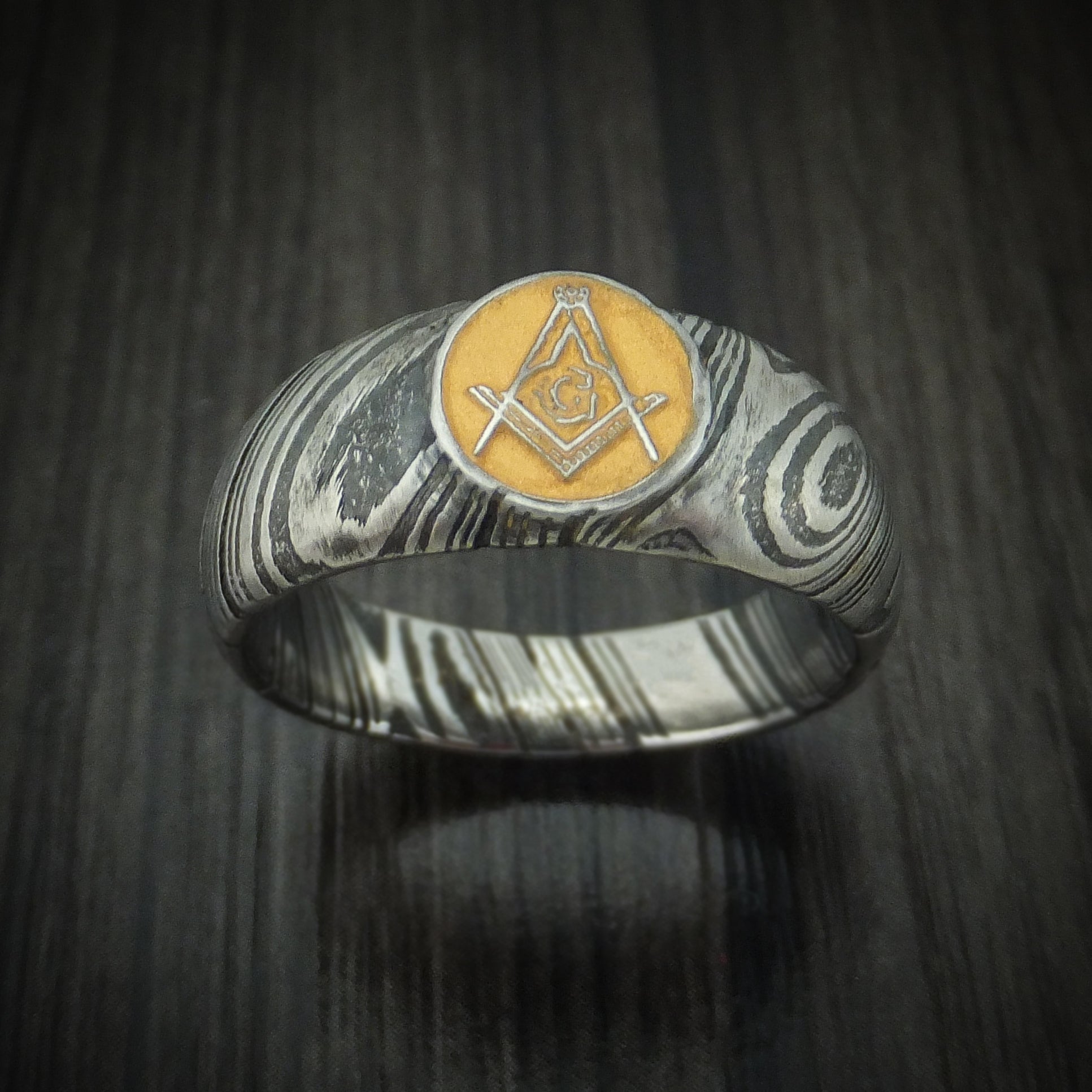 Kuro Damascus Steel Masonic Emblem Signet Men's Ring with Cerakote Cus ...