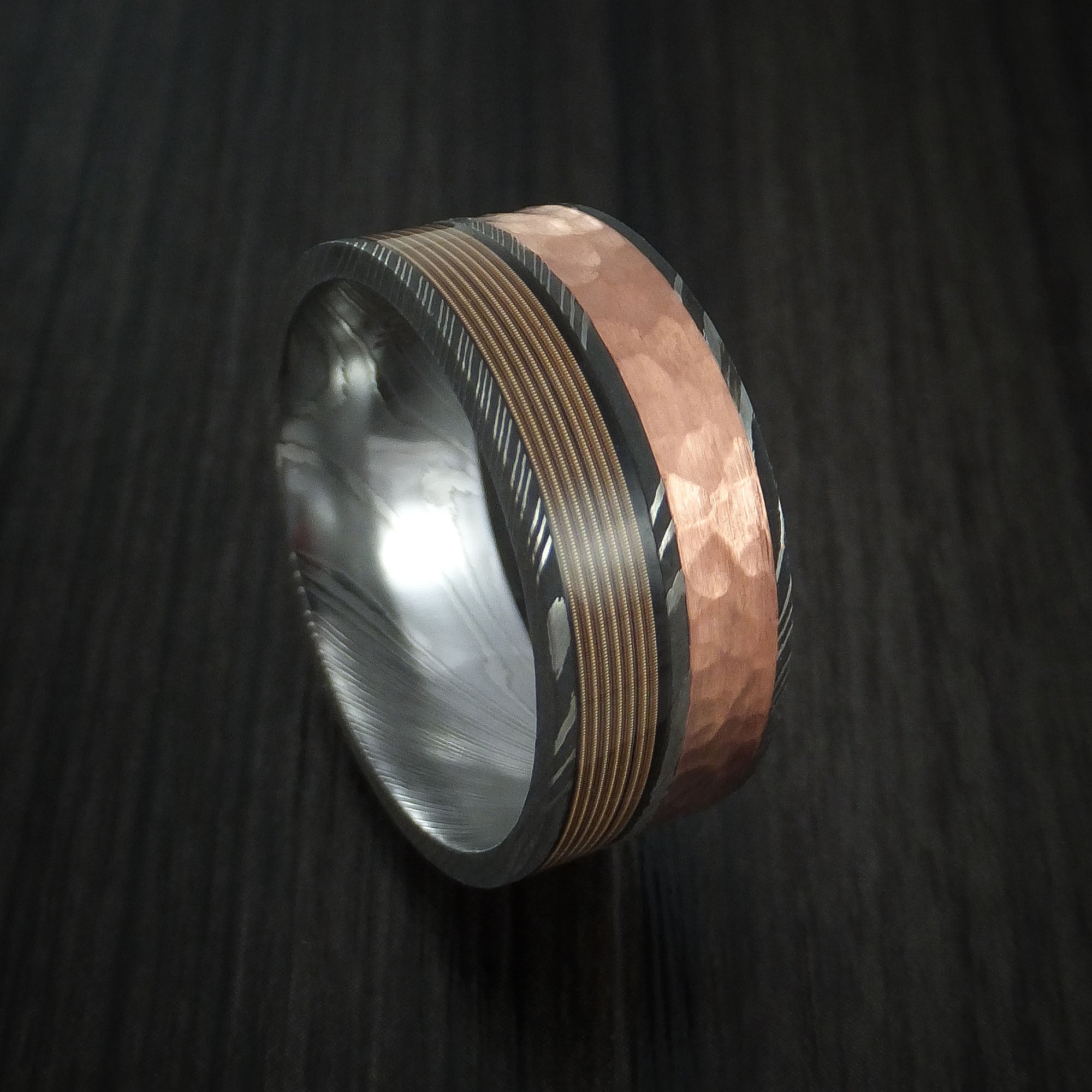 Damascus Steel Men's Ring with Guitar String and Hammered Copper Inlay ...