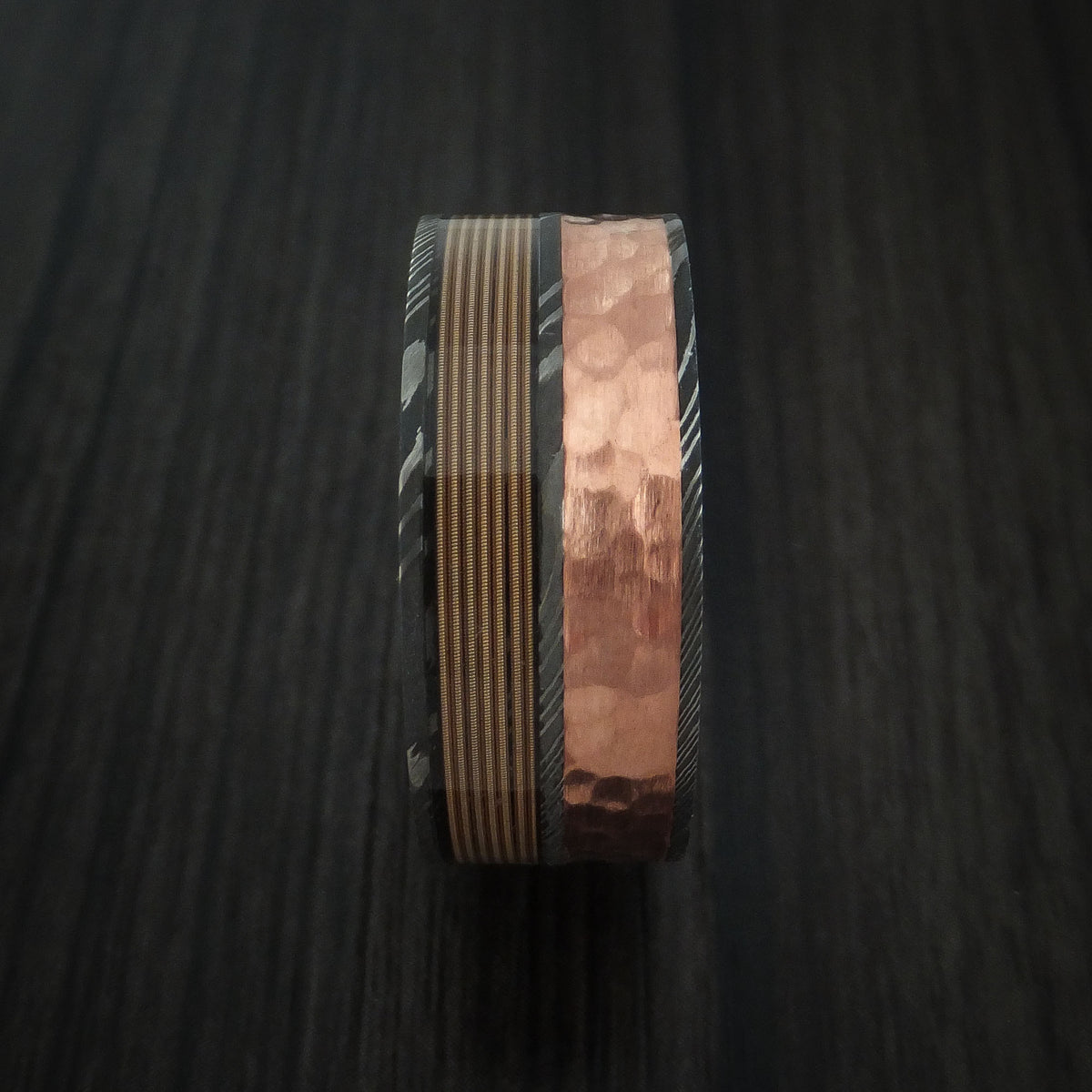 Damascus Steel Men's Ring with Guitar String and Hammered Copper Inlay ...