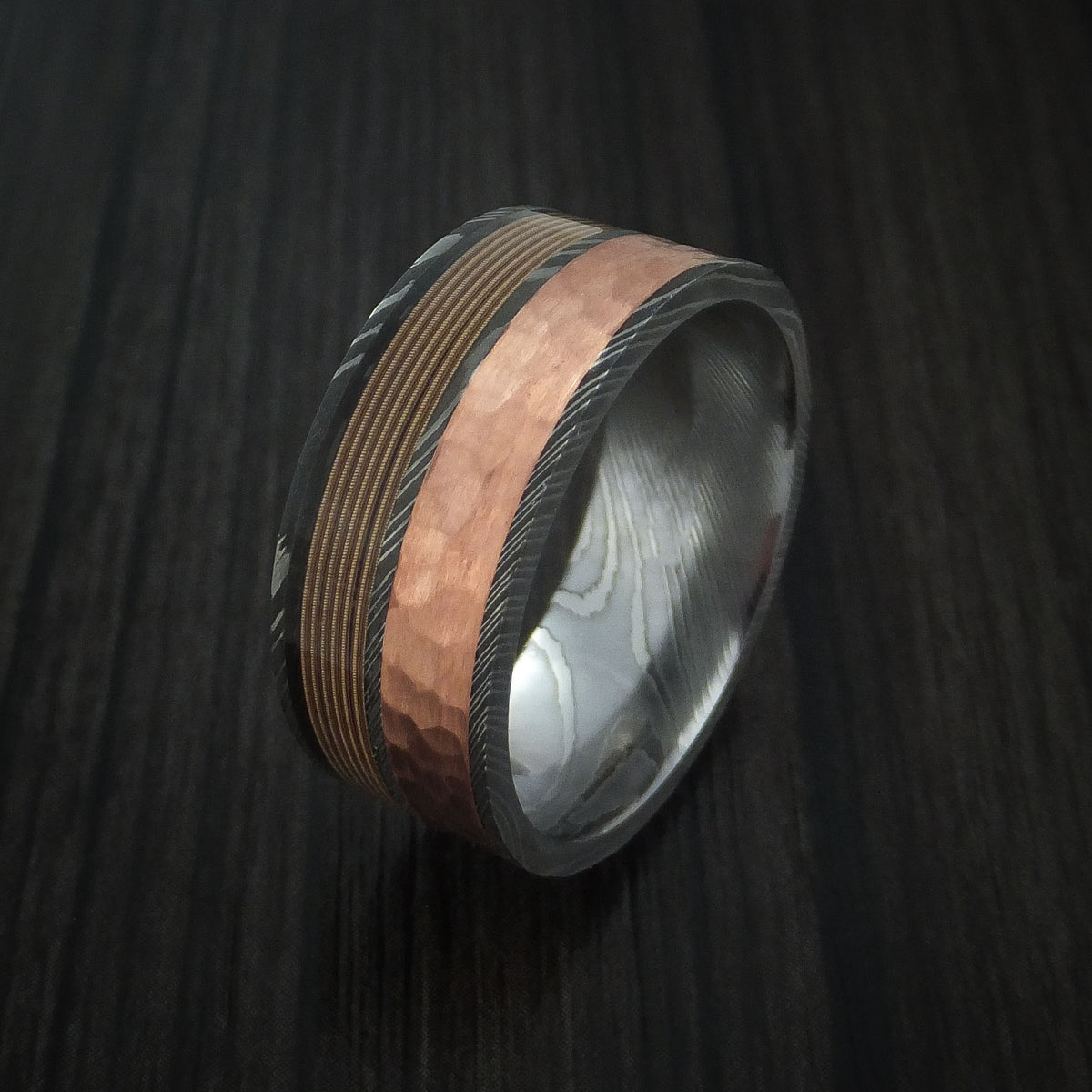 Damascus Steel Men's Ring with Guitar String and Hammered Copper Inlay ...