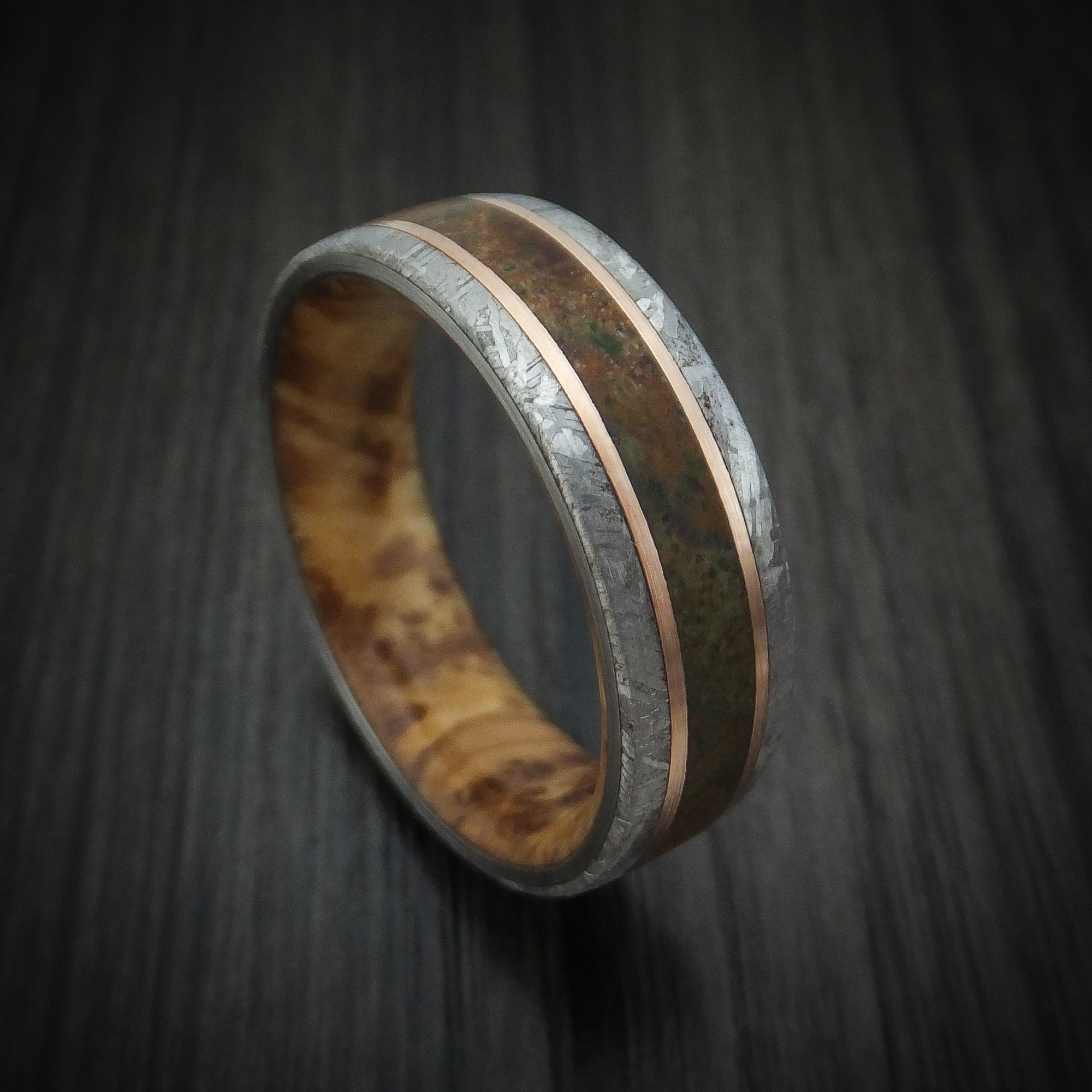 Gibeon Meteorite and Dinosaur Men's Ring with 14k Rose Gold and Wood S ...