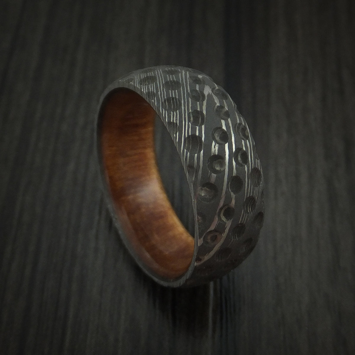 Damascus Steel Golf Ball Dimpled Men's Ring with Wood Sleeve Custom Ma ...