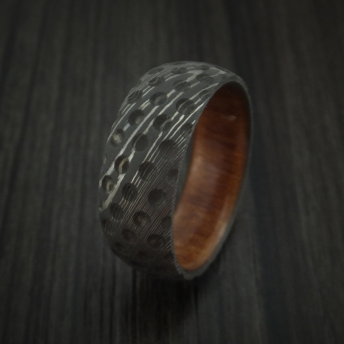 Damascus Steel Golf Ball Dimpled Men's Ring with Wood Sleeve Custom Ma ...