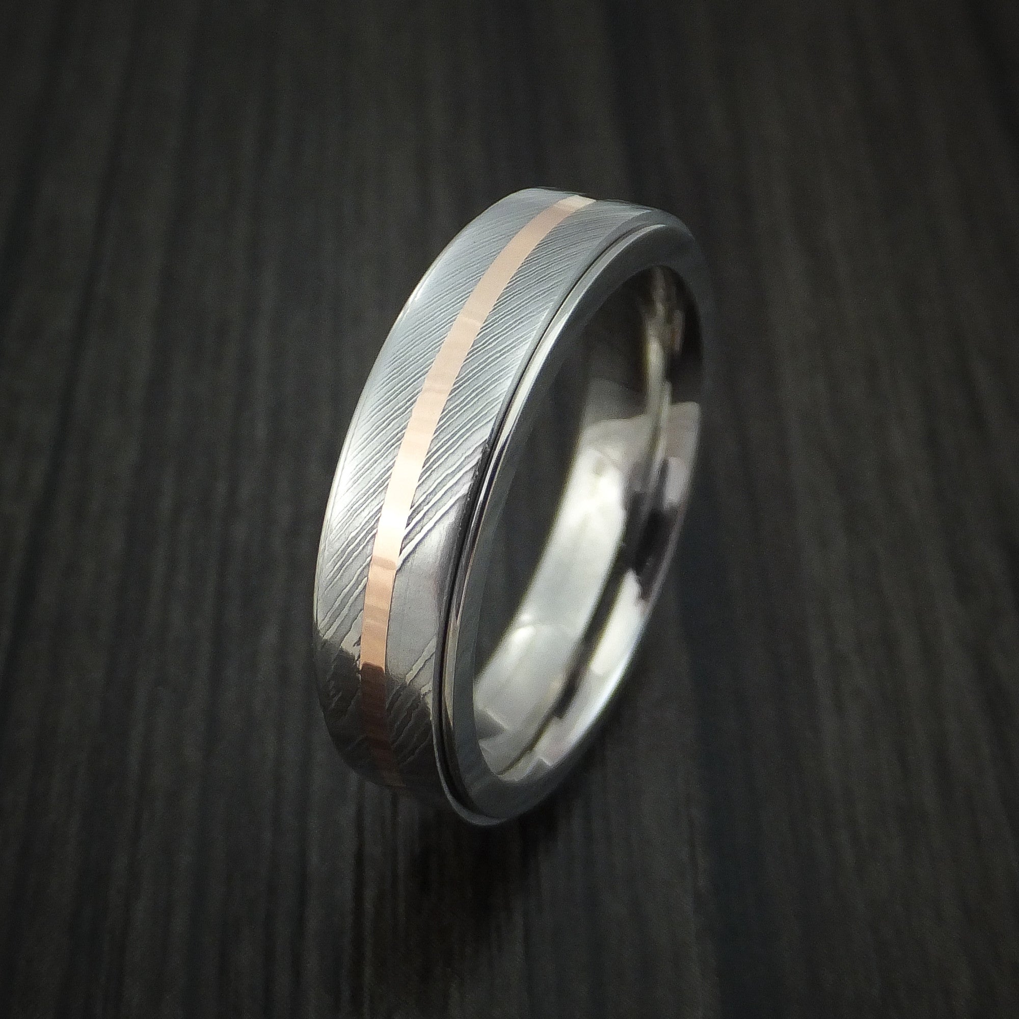 Titanium and Damascus Steel Spinner Men's Ring with 14k Rose Gold Cust ...
