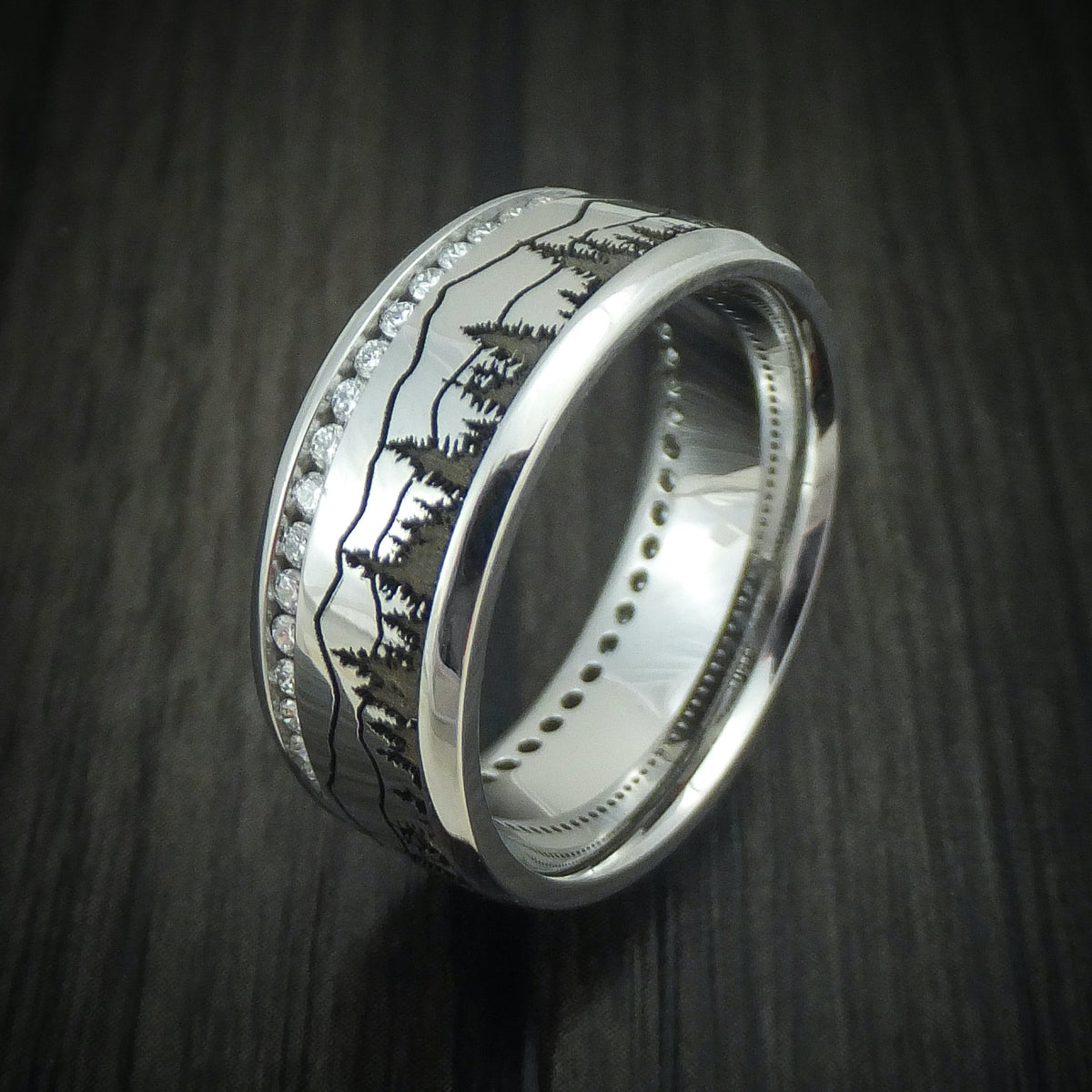 Cobalt Chrome Eternity Lab Diamond Men's Ring with Spruce Pine Trees a ...