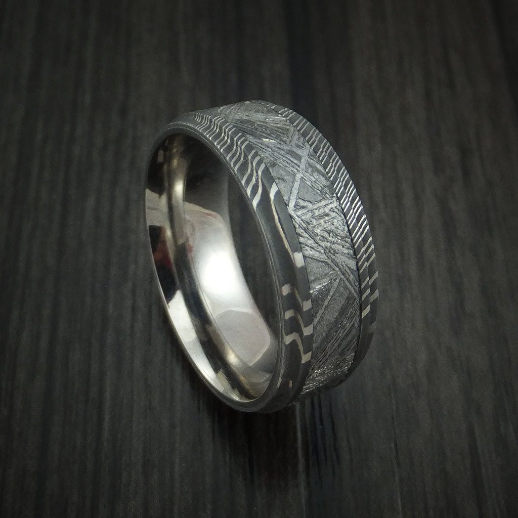 Damascus Steel and Meteorite Men s Ring with Titanium Sleeve Custom Made Band