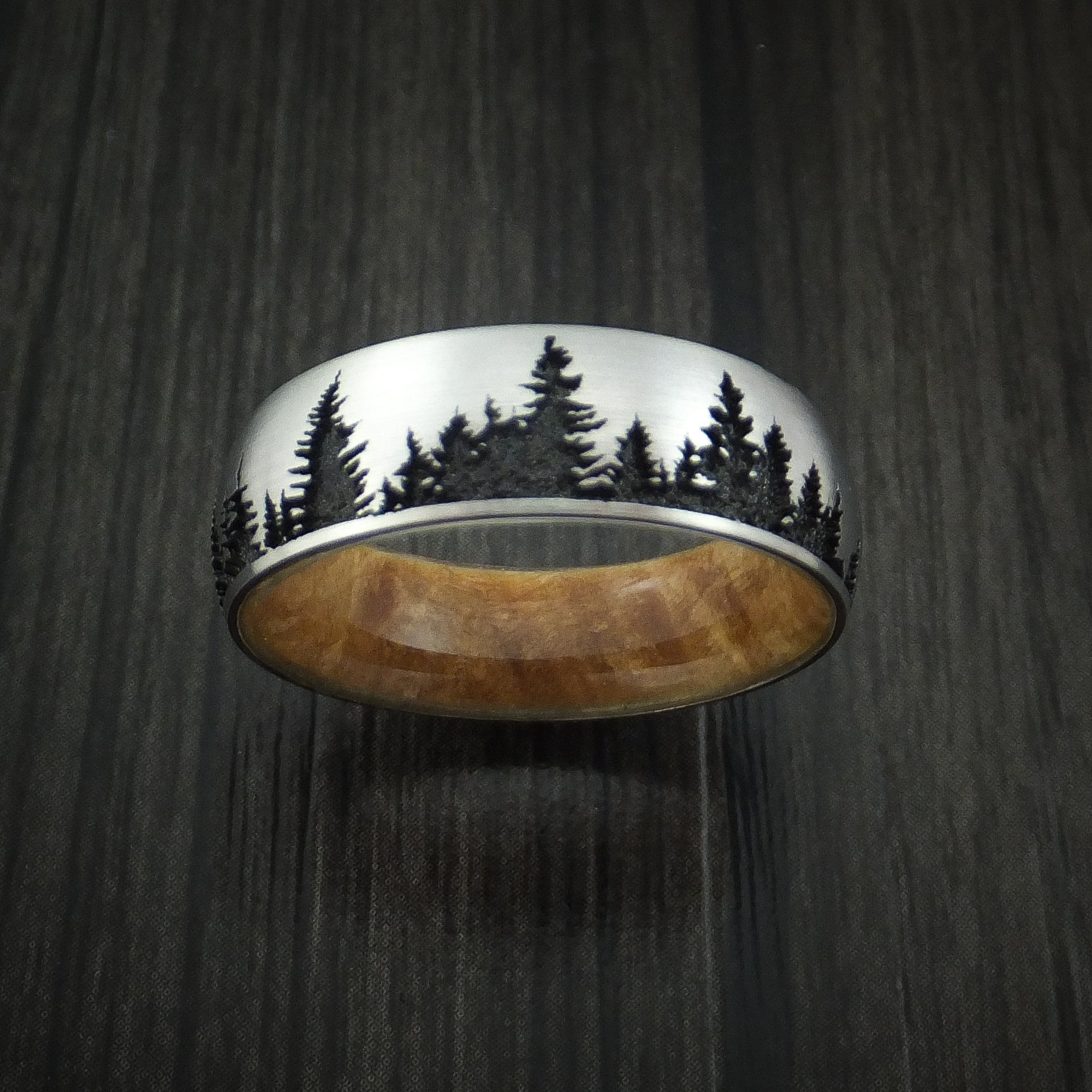 Titanium Men's Ring with Spruce Pine Tree Design and Hardwood Sleeve C ...