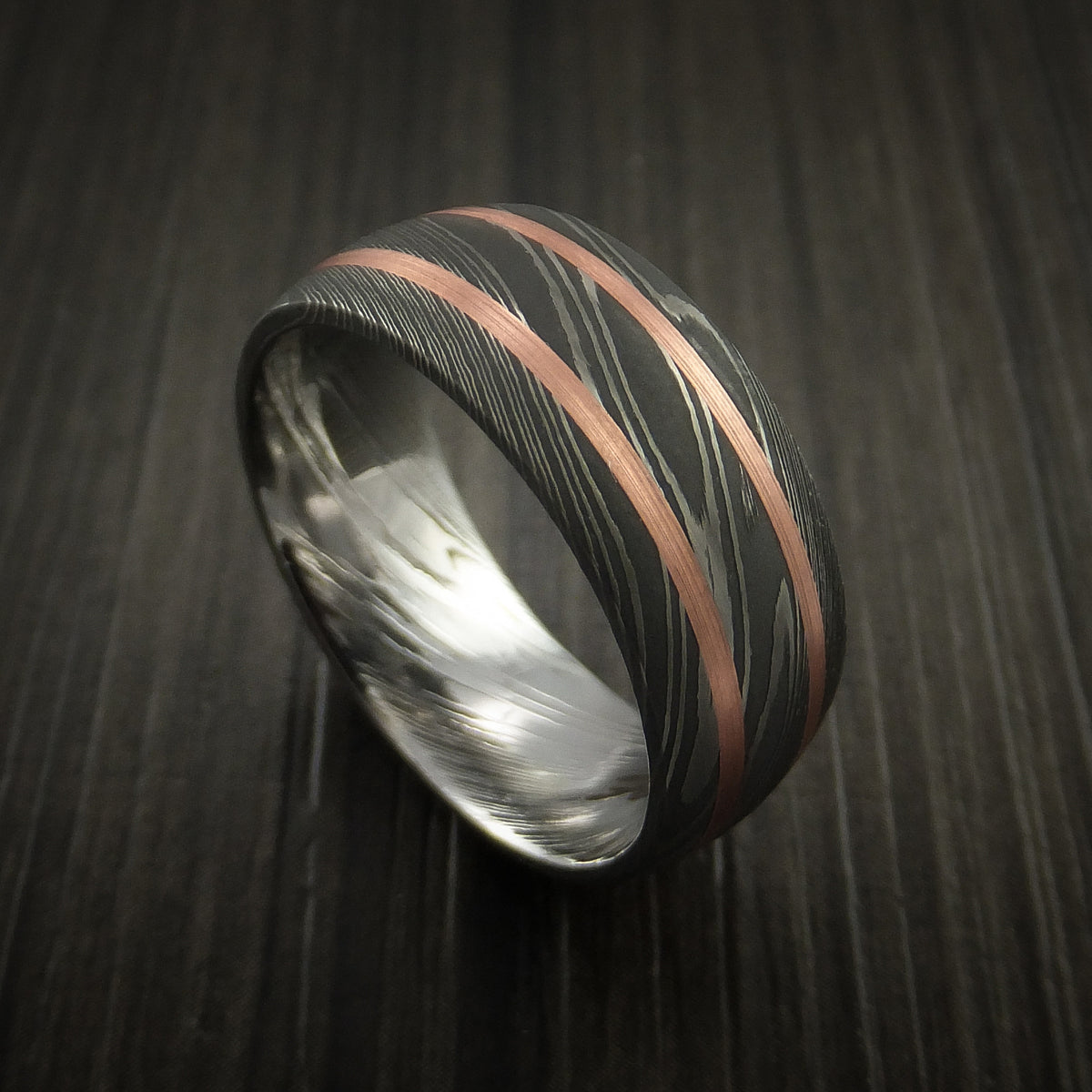 Damascus Steel Men's Ring with Copper Inlays Custom Made Band ...