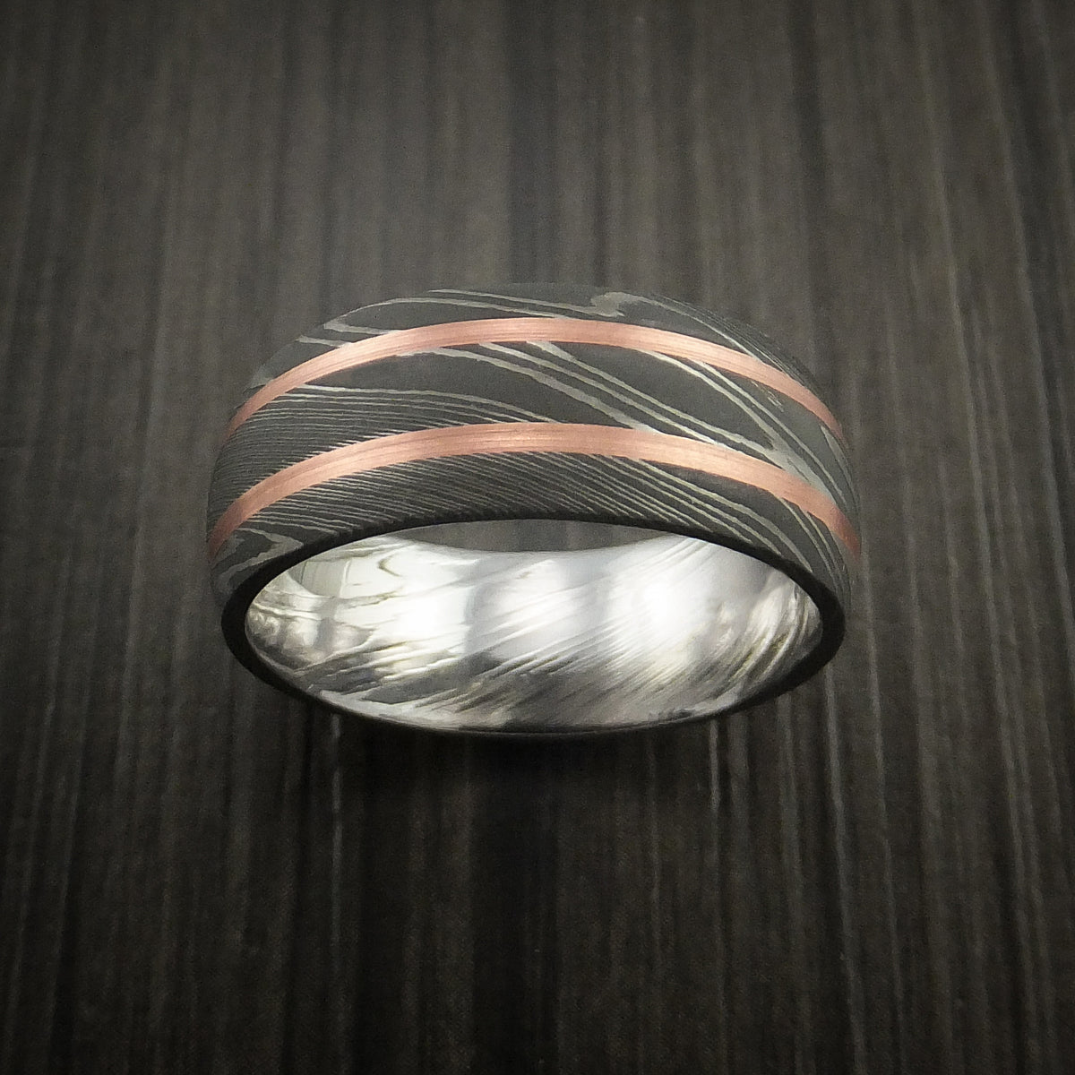 Damascus Steel Men's Ring with Copper Inlays Custom Made Band ...