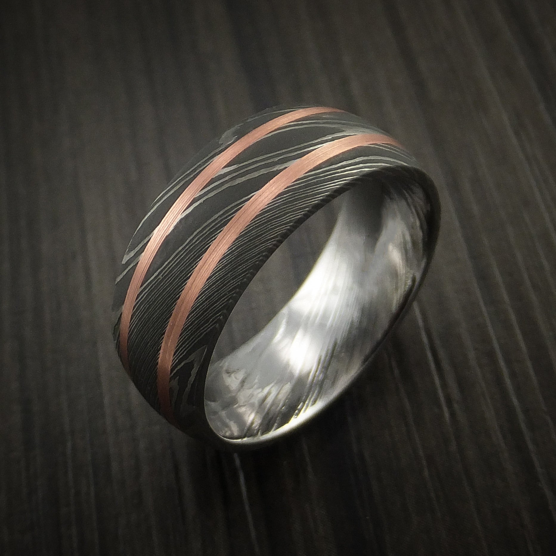 Damascus Steel Men's Ring with Copper Inlays Custom Made Band ...