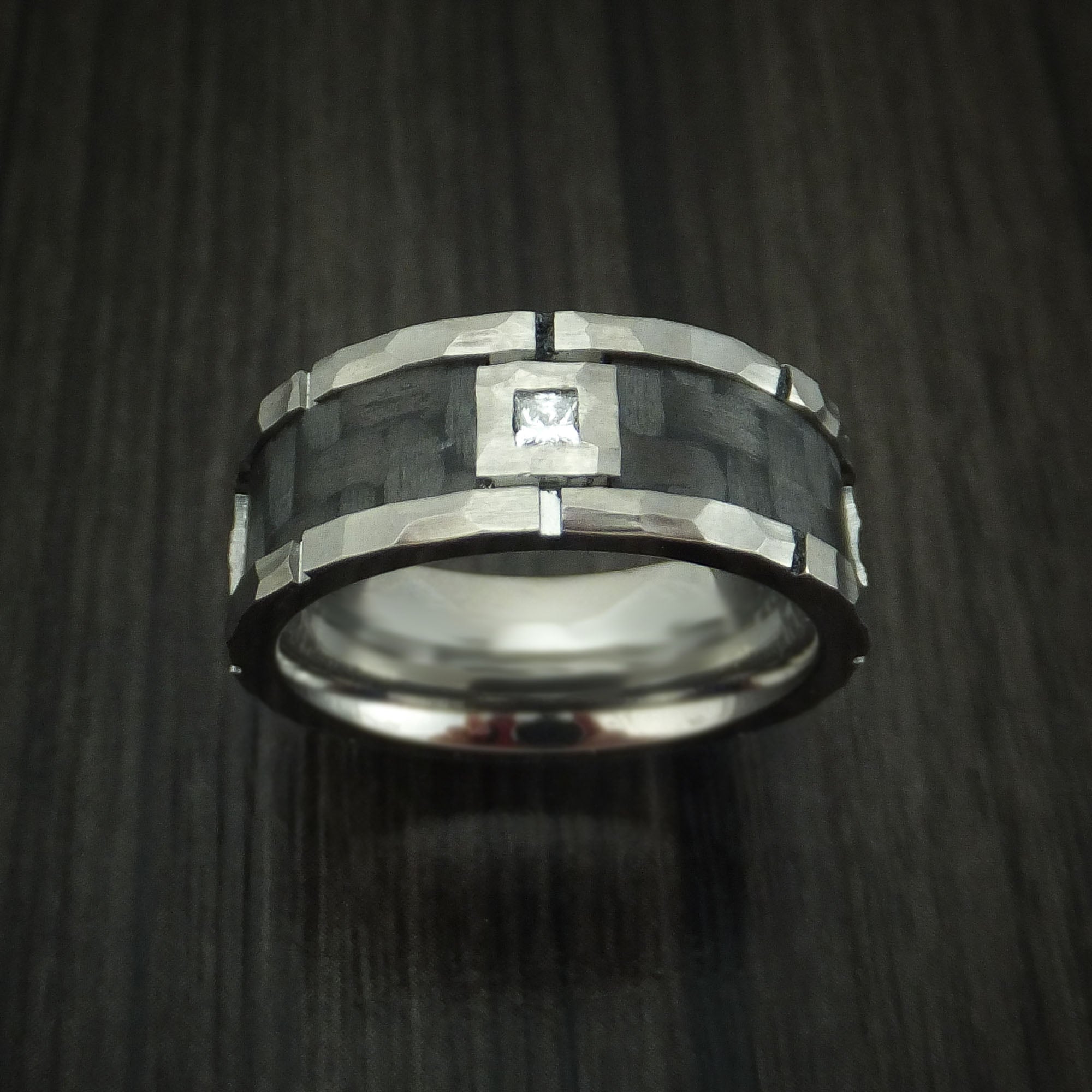 Cobalt Chrome Hammered Men's Ring with Carbon Fiber Inlay and Diamond ...