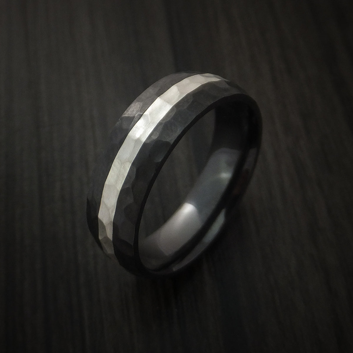 Black Zirconium Hammer Finish Band Sterling Silver Inlay Men's Ring Ma ...