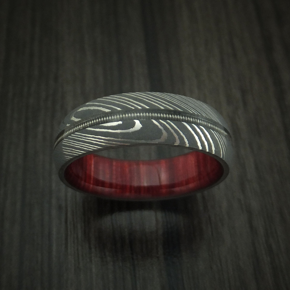 Damascus Steel Guitar String Men's Ring with Red Heart Wood Sleeve Cus ...