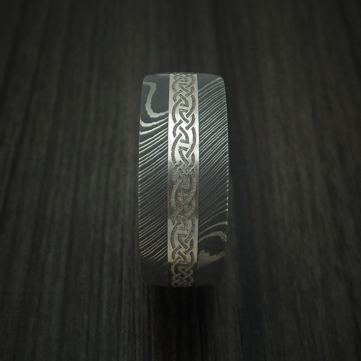 Damascus Steel Celtic Men's Ring With Platinum Inlay And Wood Sleeve C ...