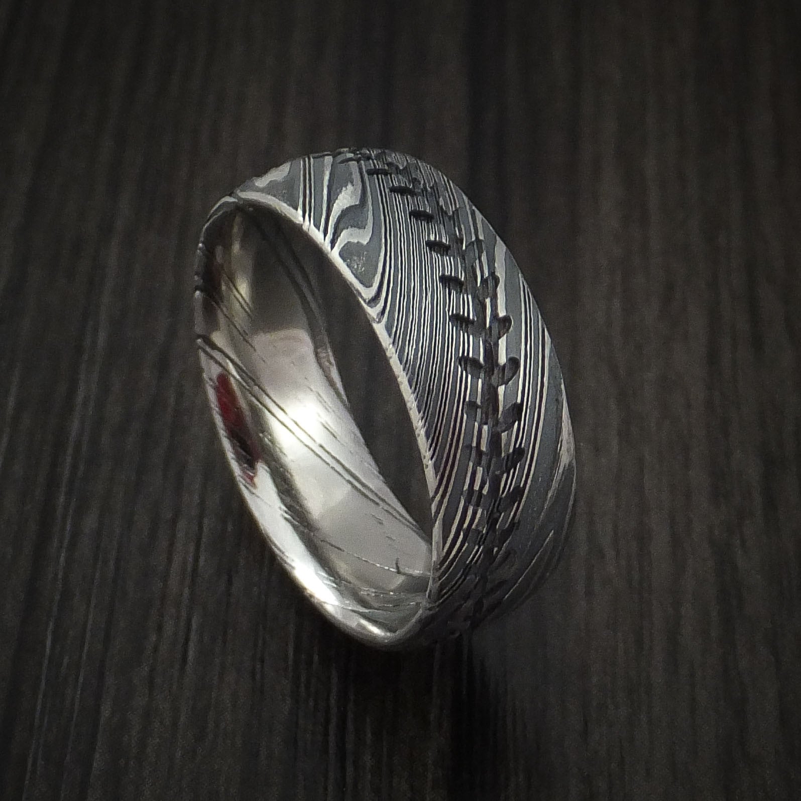Kuro Damascus Steel Baseball Stitch Men's Ring with Tumble Finish ...