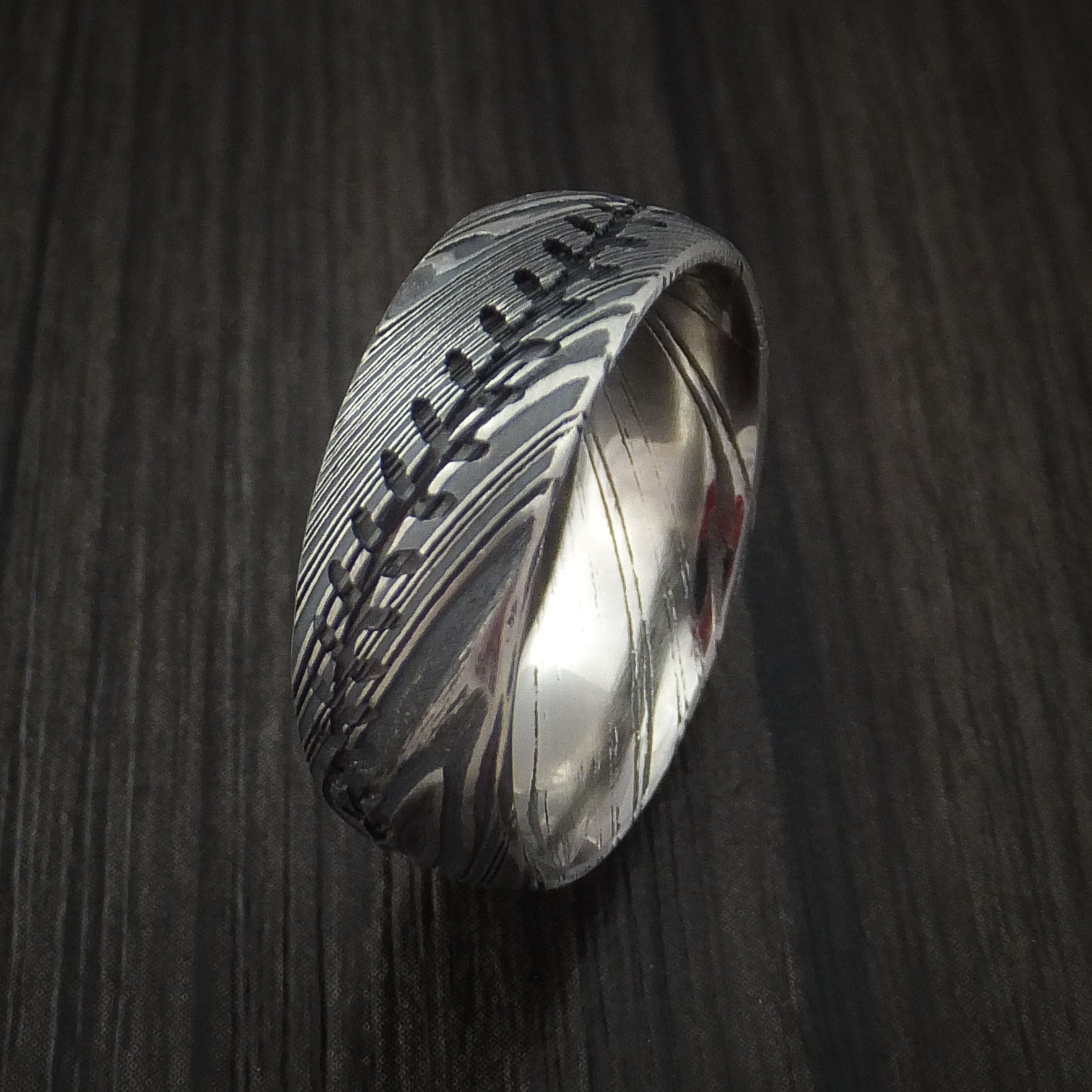 Kuro Damascus Steel Baseball Stitch Men's Ring with Tumble Finish ...