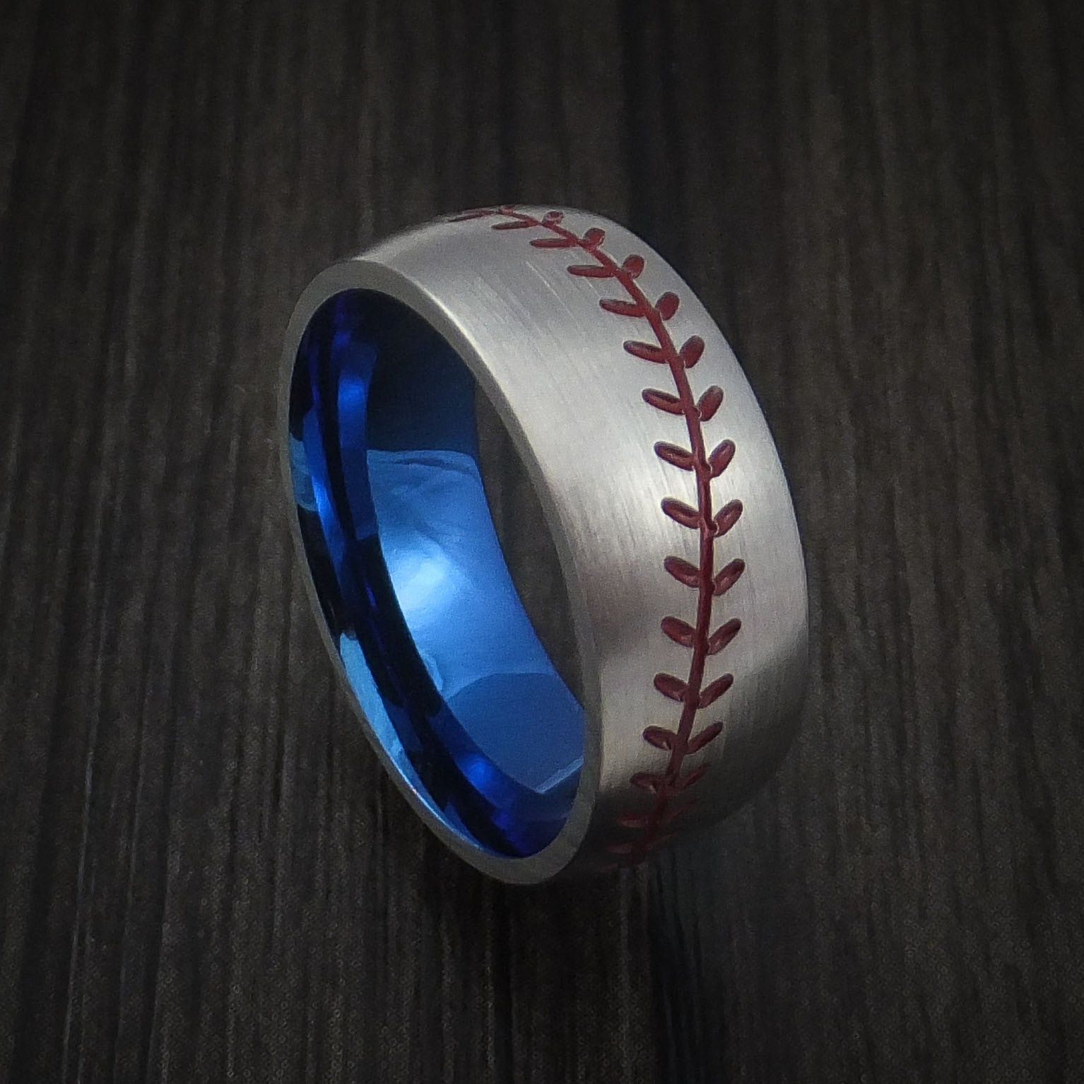Titanium Baseball Men's Ring with Red Stitching and Anodized Sleeve Fa ...