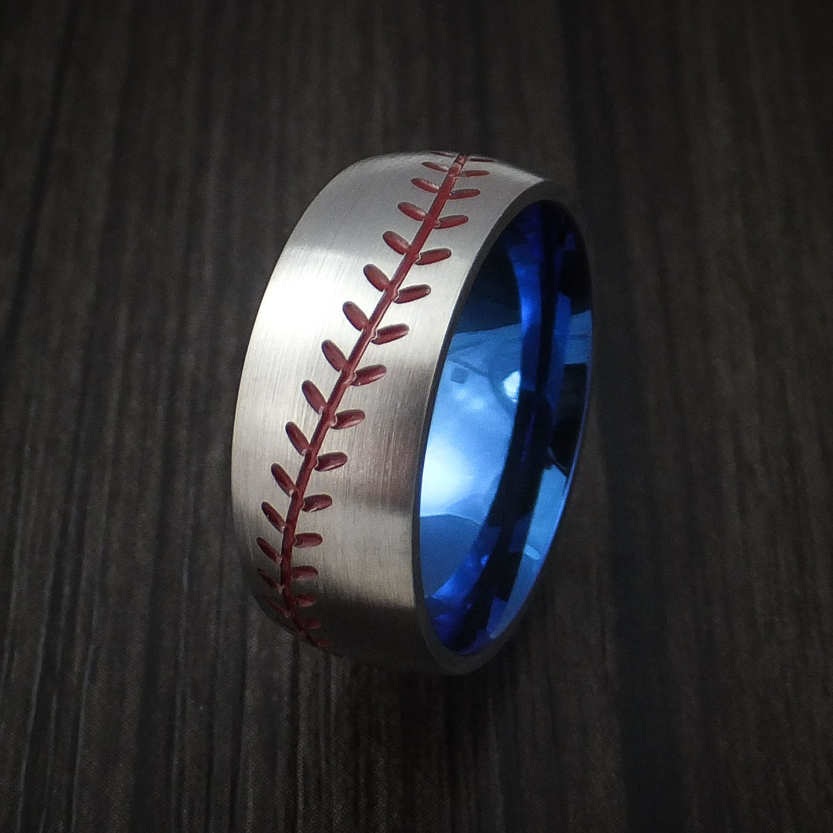 Titanium Baseball Men's Ring with Red Stitching and Anodized Sleeve Fa ...