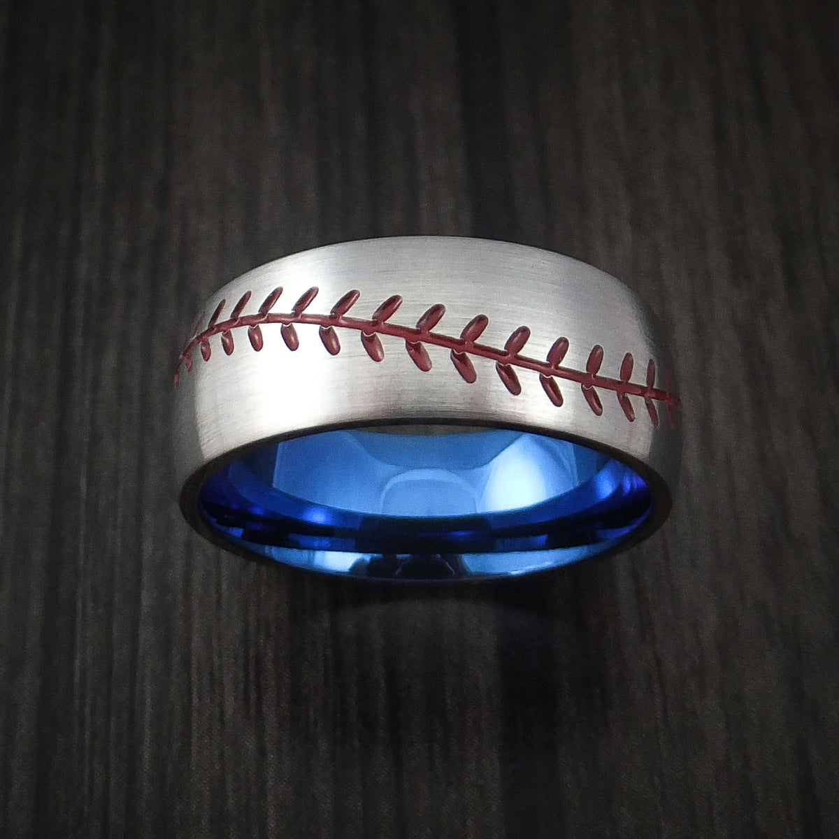 Titanium Baseball Men's Ring with Red Stitching and Anodized Sleeve Fa ...