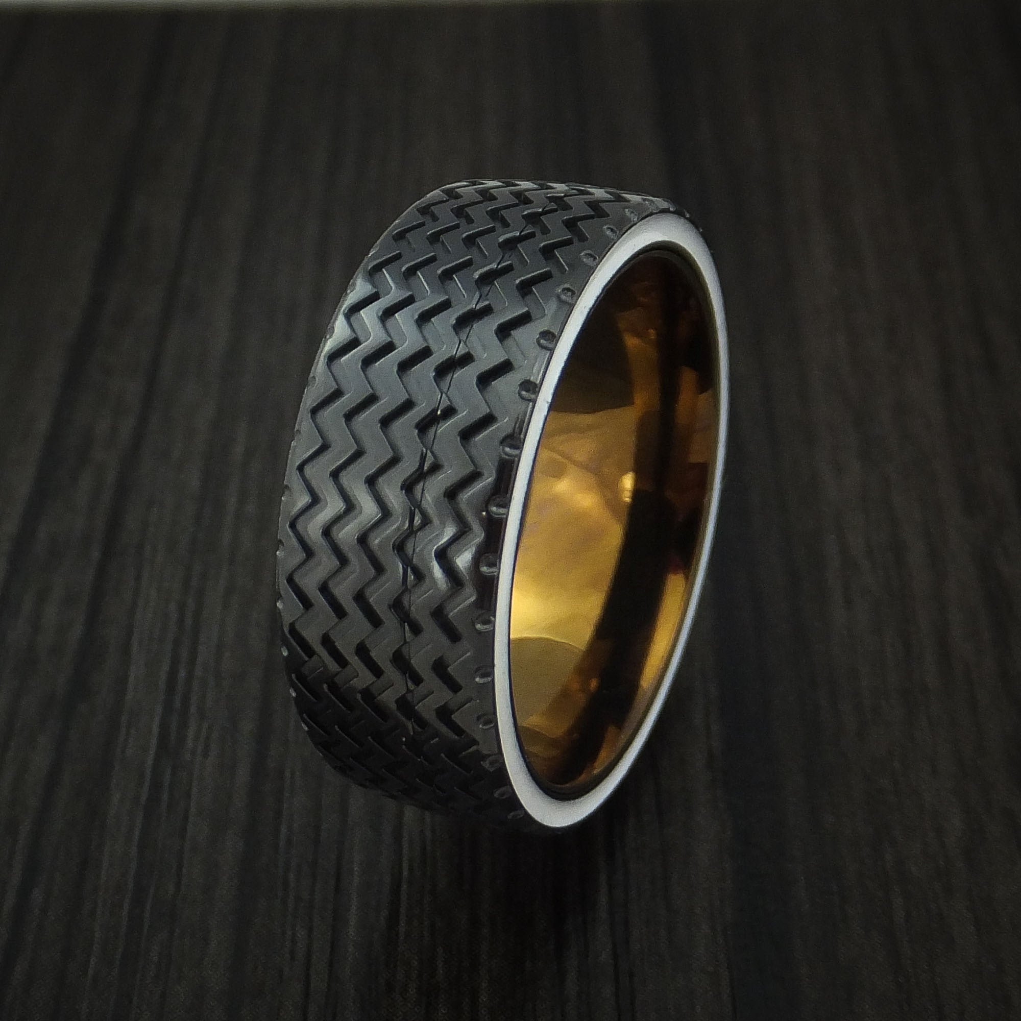 Black Zirconium Hot Rod White Wall Tire Tread Spinner Men's Ring Custo ...