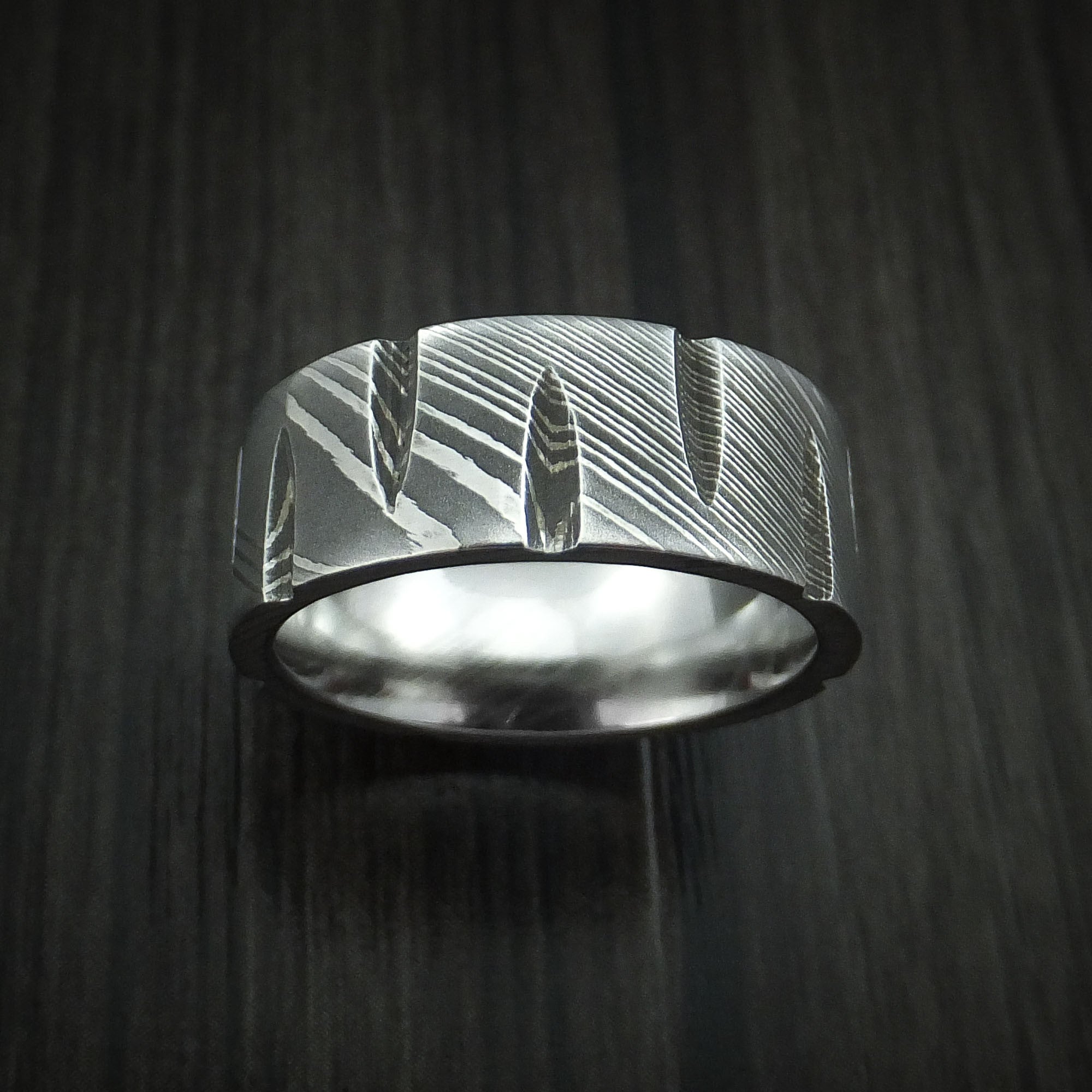 Damascus Steel Wedge Cut Men's Ring Custom Made Band | Revolution Jewelry