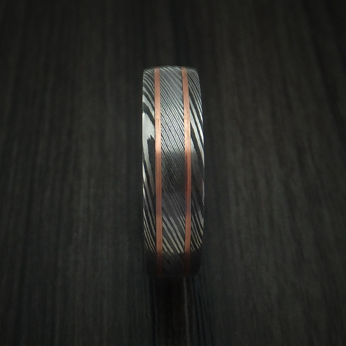Damascus Steel Men's Ring with 14k Rose Gold Inlays and Hardwood Sleev ...