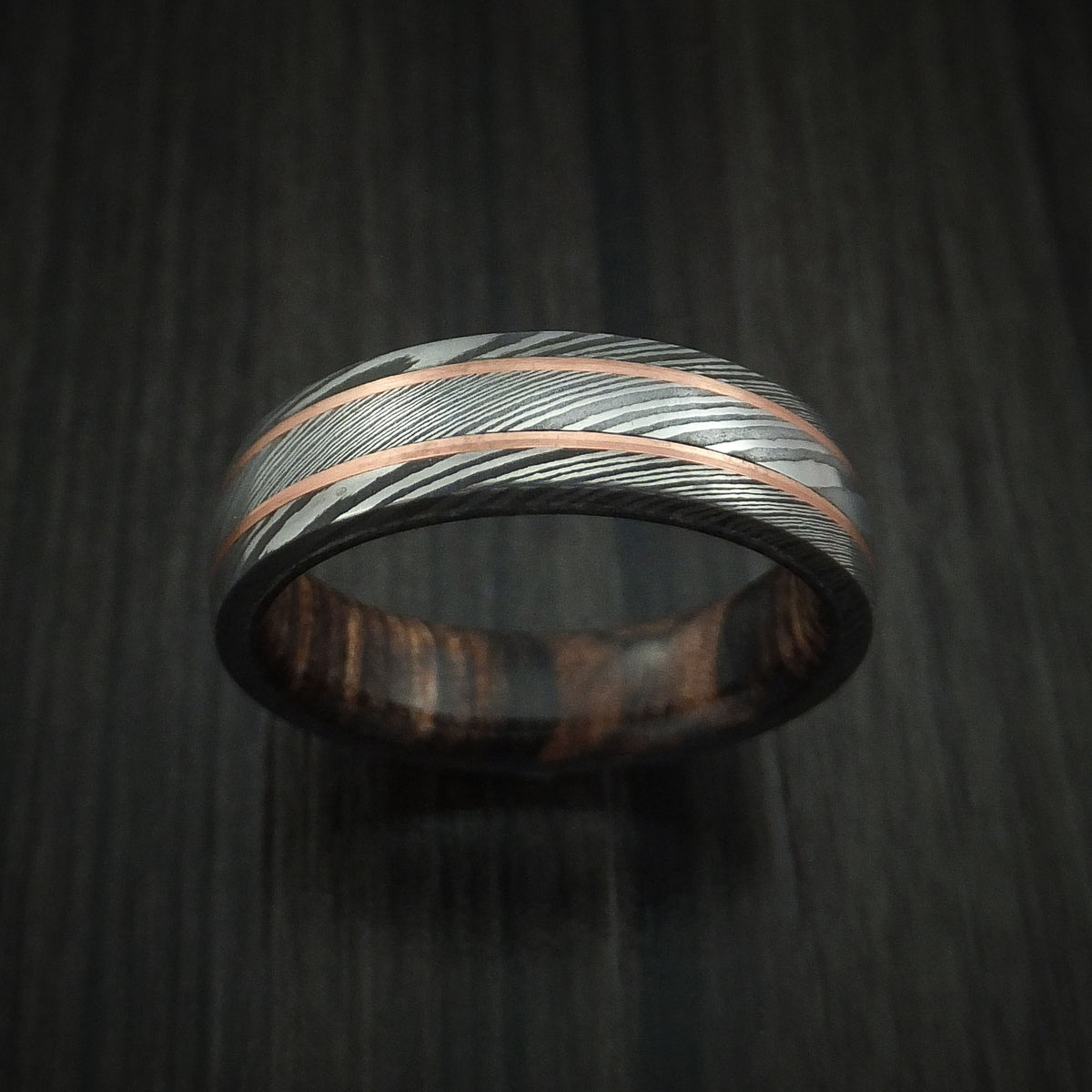Damascus Steel Men's Ring with 14k Rose Gold Inlays and Hardwood Sleev ...