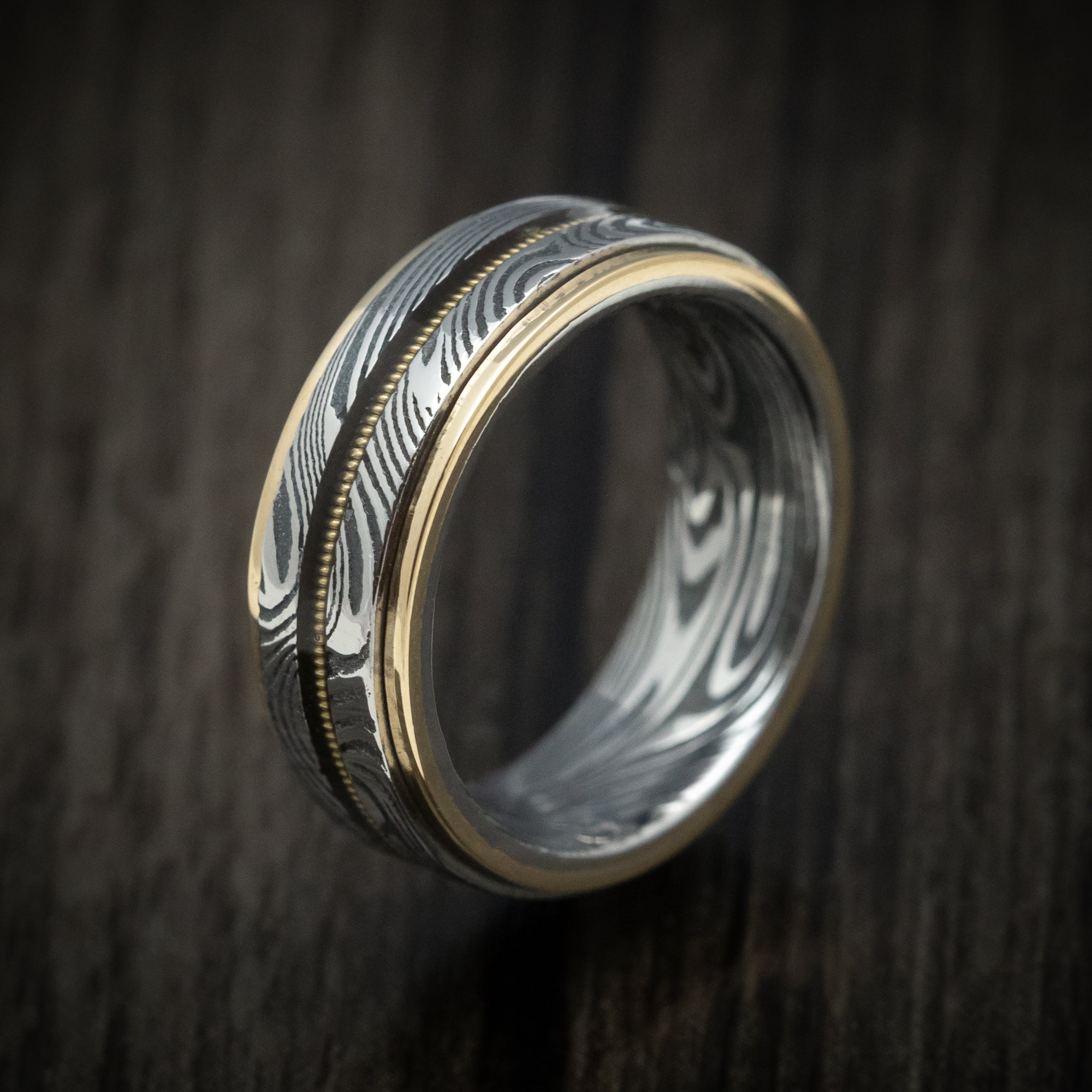 Sunset Kuro Damascus Steel and Guitar String Men's Ring with Gold Edge ...