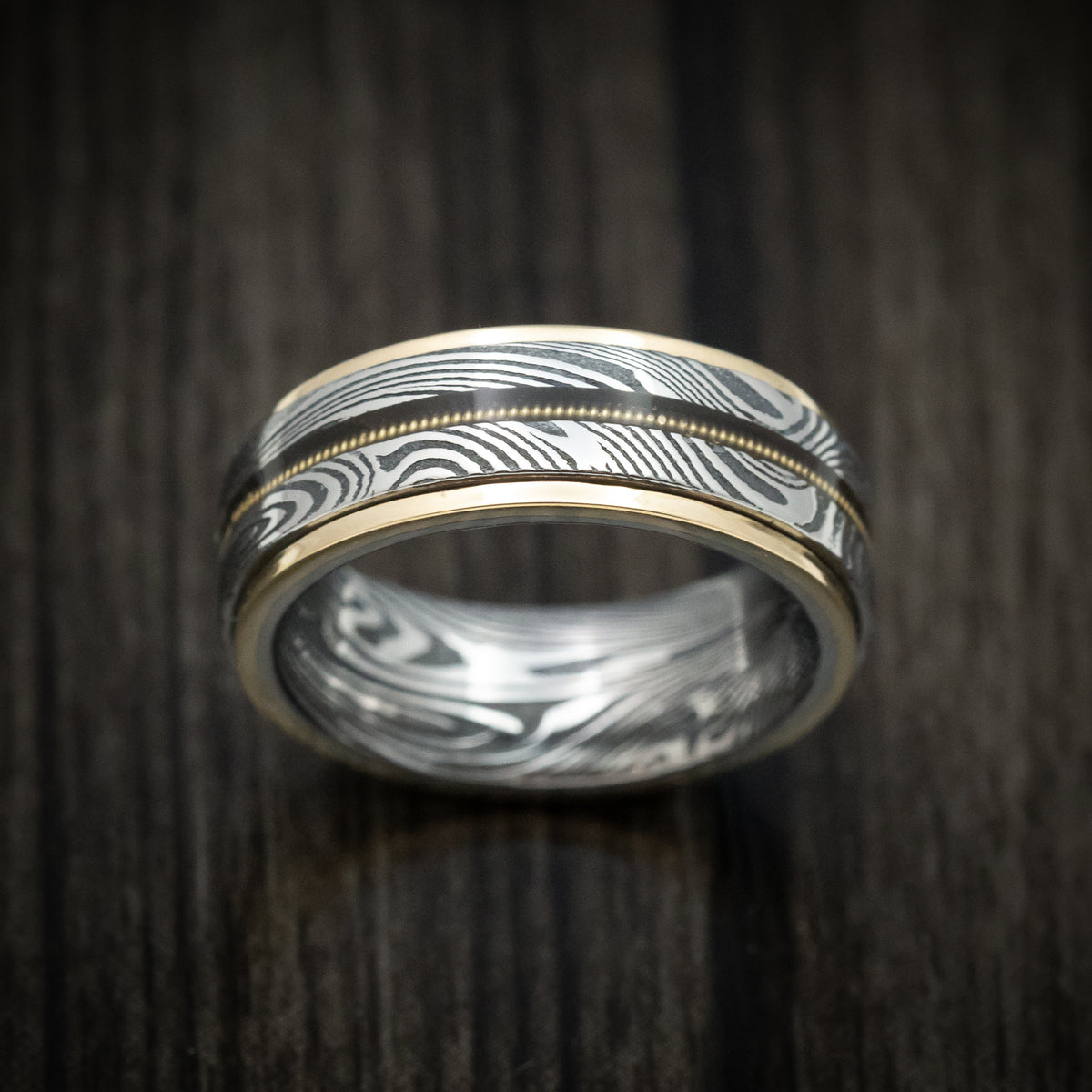 Sunset Kuro Damascus Steel and Guitar String Men's Ring with Gold Edge ...