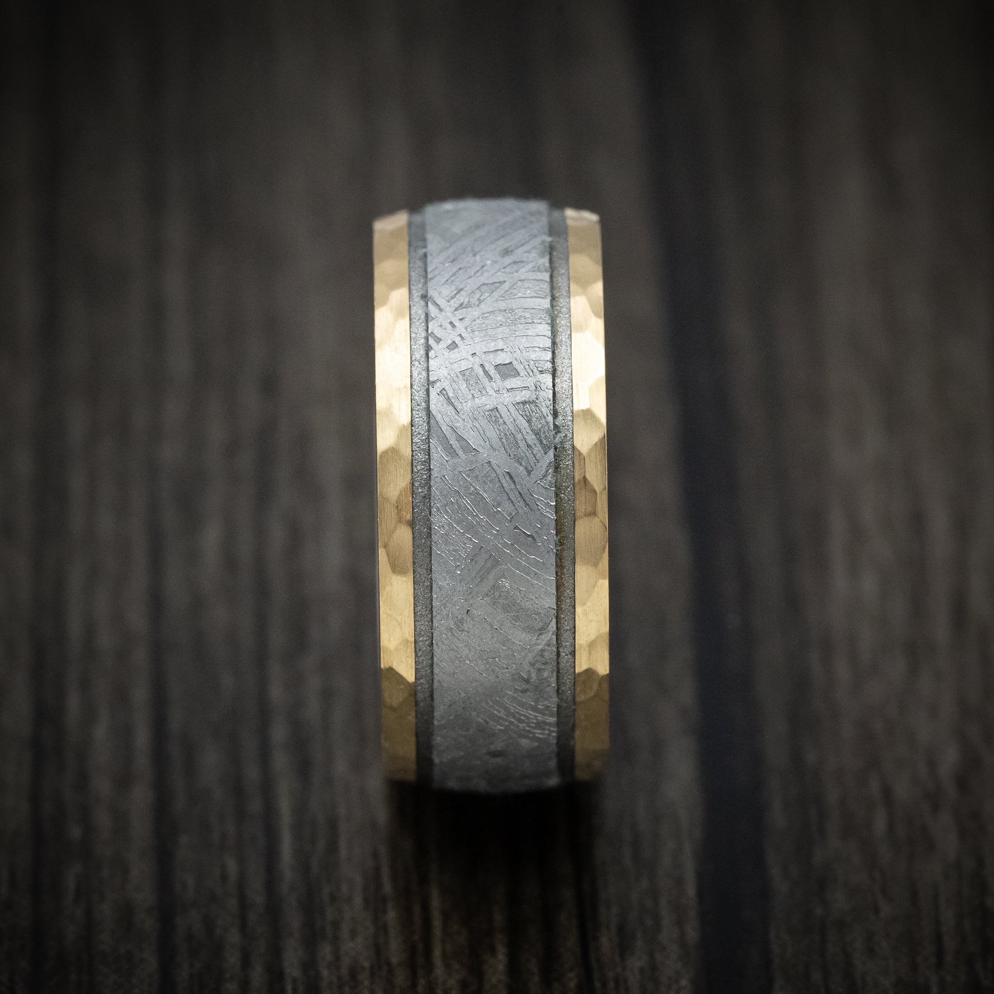 14K Gold and Gibeon Meteorite Men's Ring with Damascus Steel Sleeve an ...