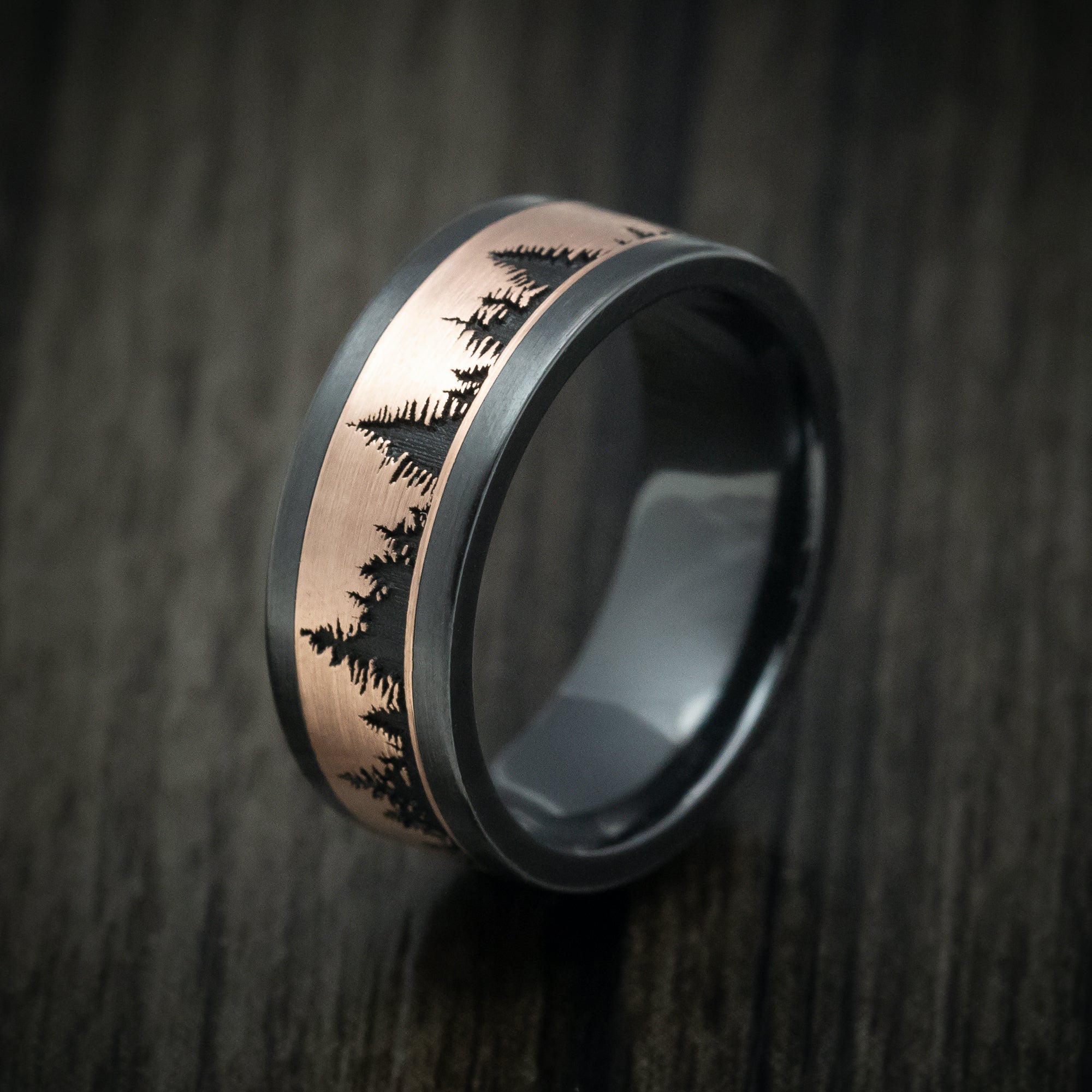 Black Zirconium And Gold Spruce Pine Tree Design Men's Ring ...