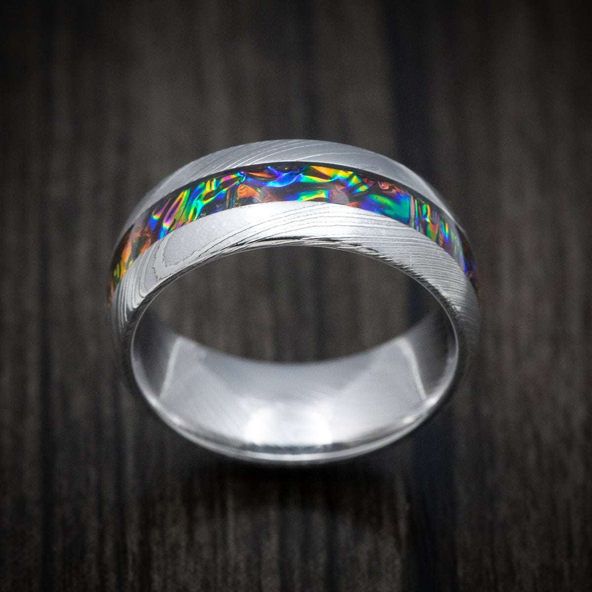 Damascus Steel and Dichrolam Inlay Men's Ring Custom Made Band ...