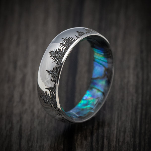 Titanium Spruce Pine Trees Men's Ring with Abalone Sleeve Custom Made ...