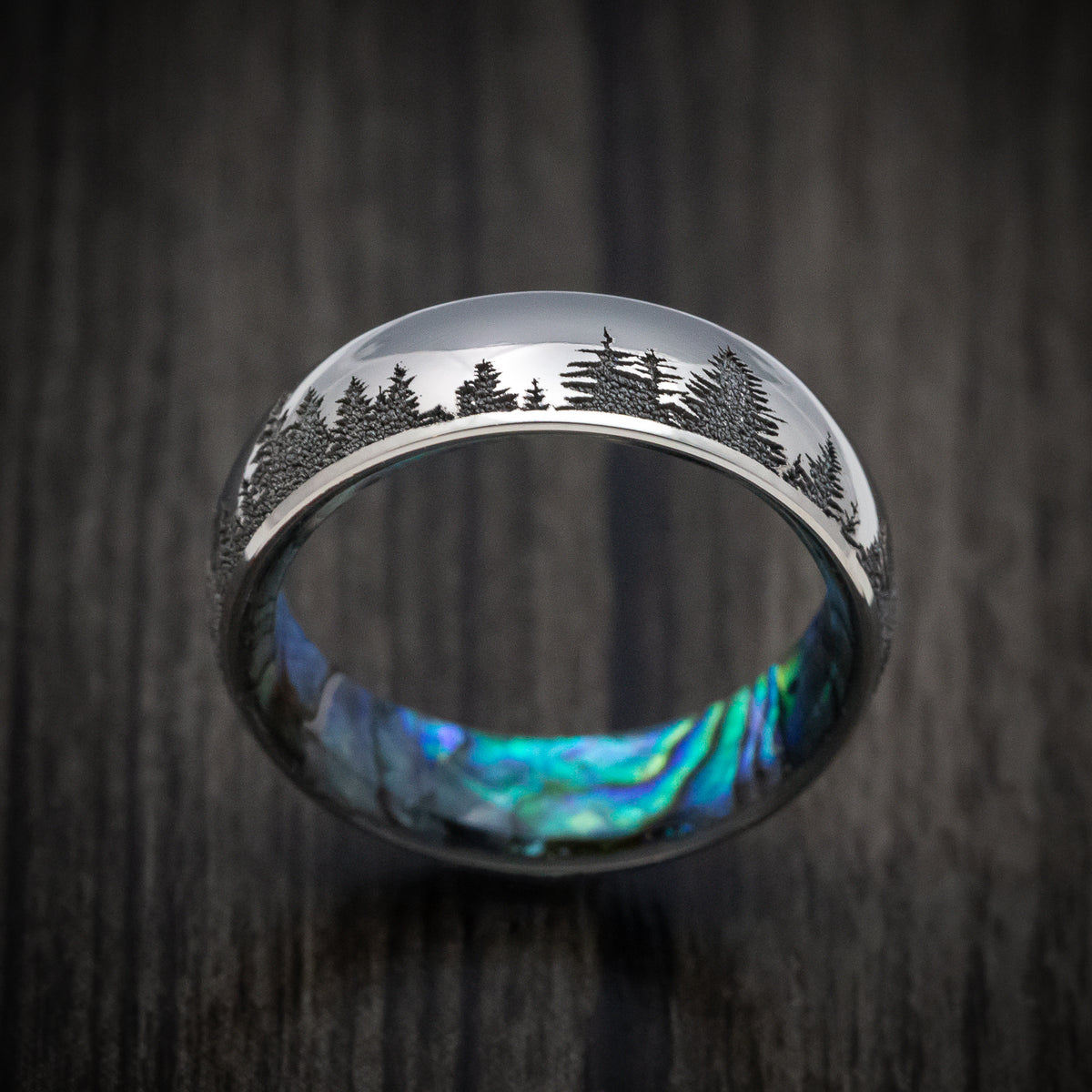 Titanium Spruce Pine Trees Men's Ring with Abalone Sleeve Custom Made ...