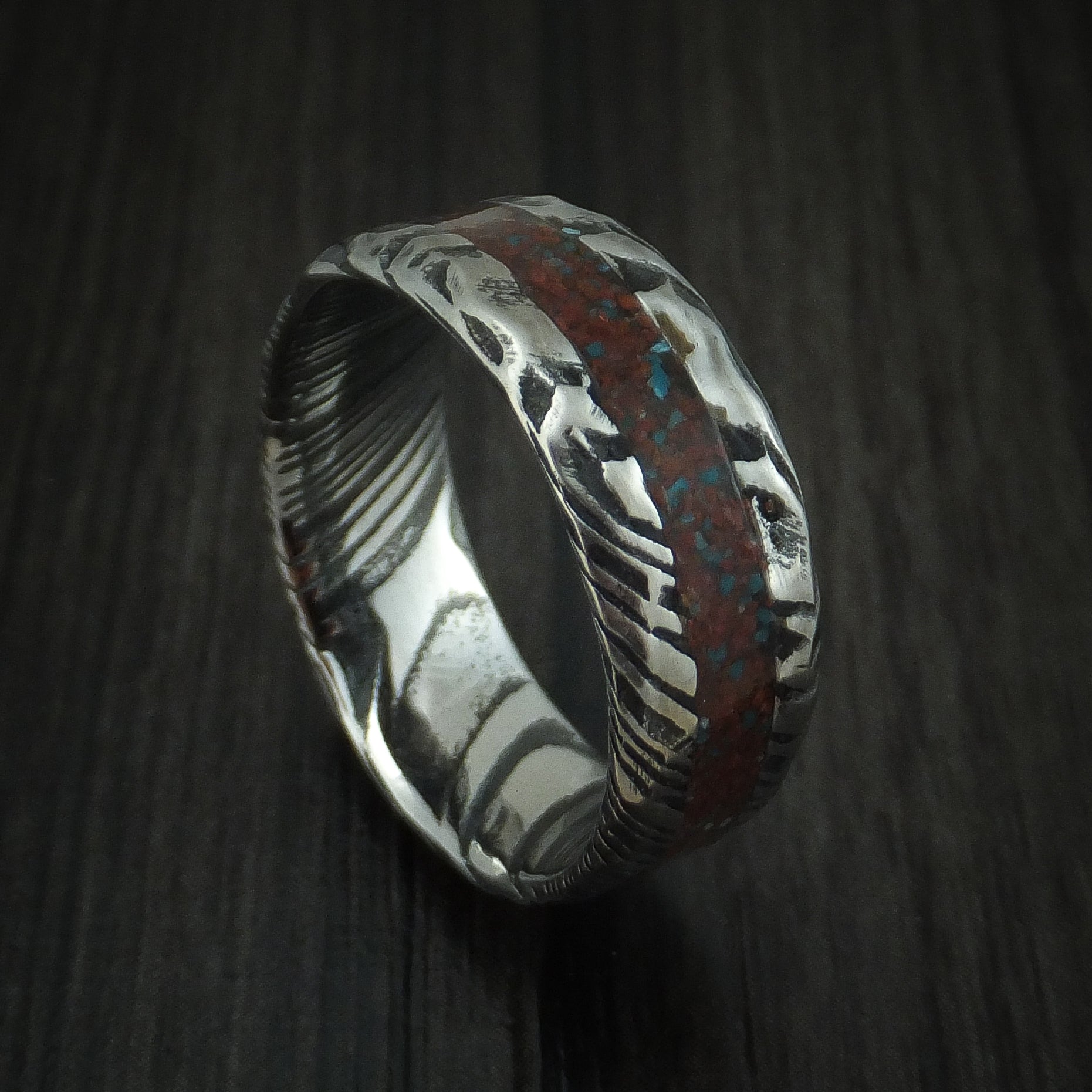 Kuro Damascus Steel And Red Dinosaur Bone with Turquoise Rock Hammered ...