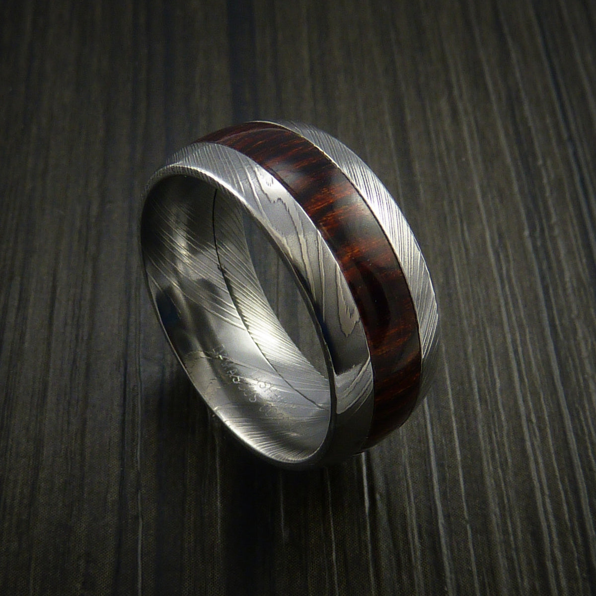 Wood Men's Ring and Damascus Men's Ring inlaid with Hardwood Inlay Cus ...