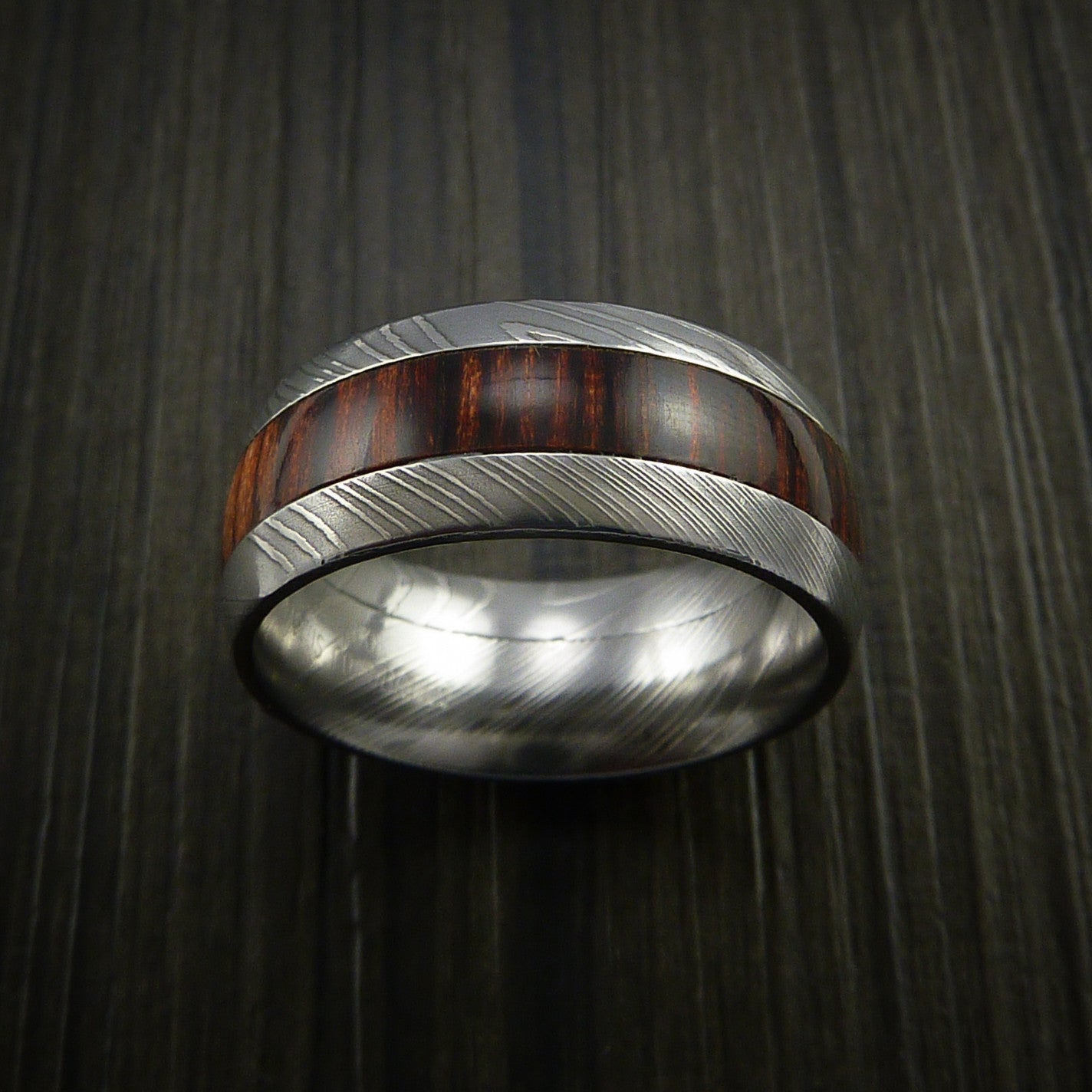Wood Men's Ring and Damascus Men's Ring inlaid with Hardwood Inlay Cus ...